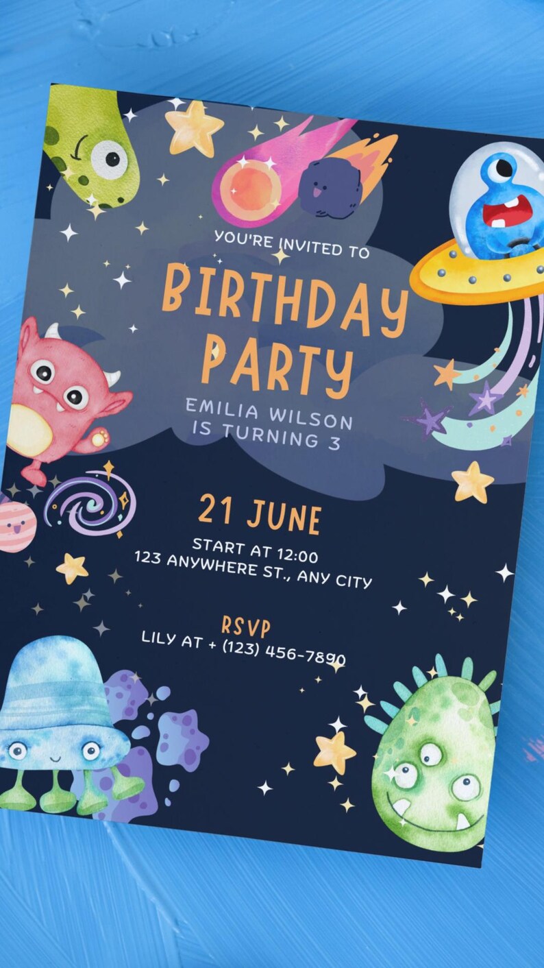 Editable Space Monster Birthday Invitation • Alien & Galaxy Theme Party ...