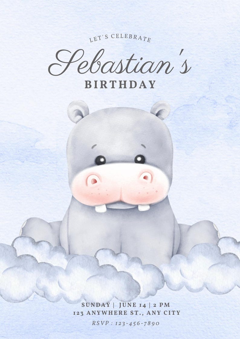 Editable Hippo Birthday Invitation | Boy Birthday Invite | Cute Safari ...