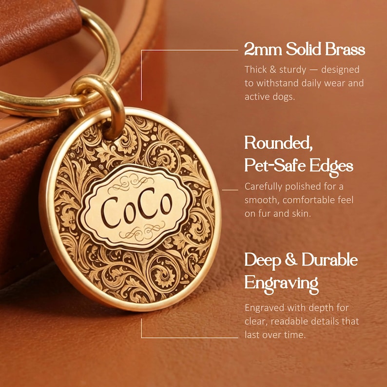 Engraved Brass Dog Name Tag, Baroque Vintage Pet ID Tag Personalized ...