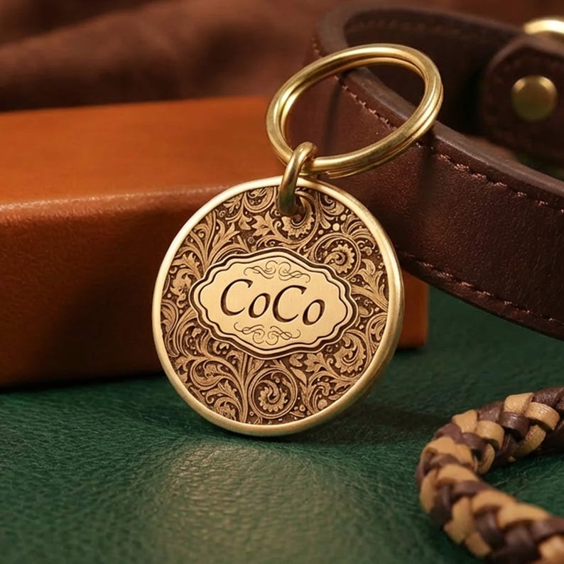 Engraved Brass Dog Name Tag, Baroque Vintage Pet ID Tag Personalized ...