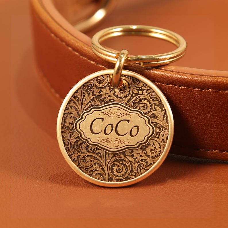 Engraved Brass Dog Name Tag, Baroque Vintage Pet ID Tag Personalized ...