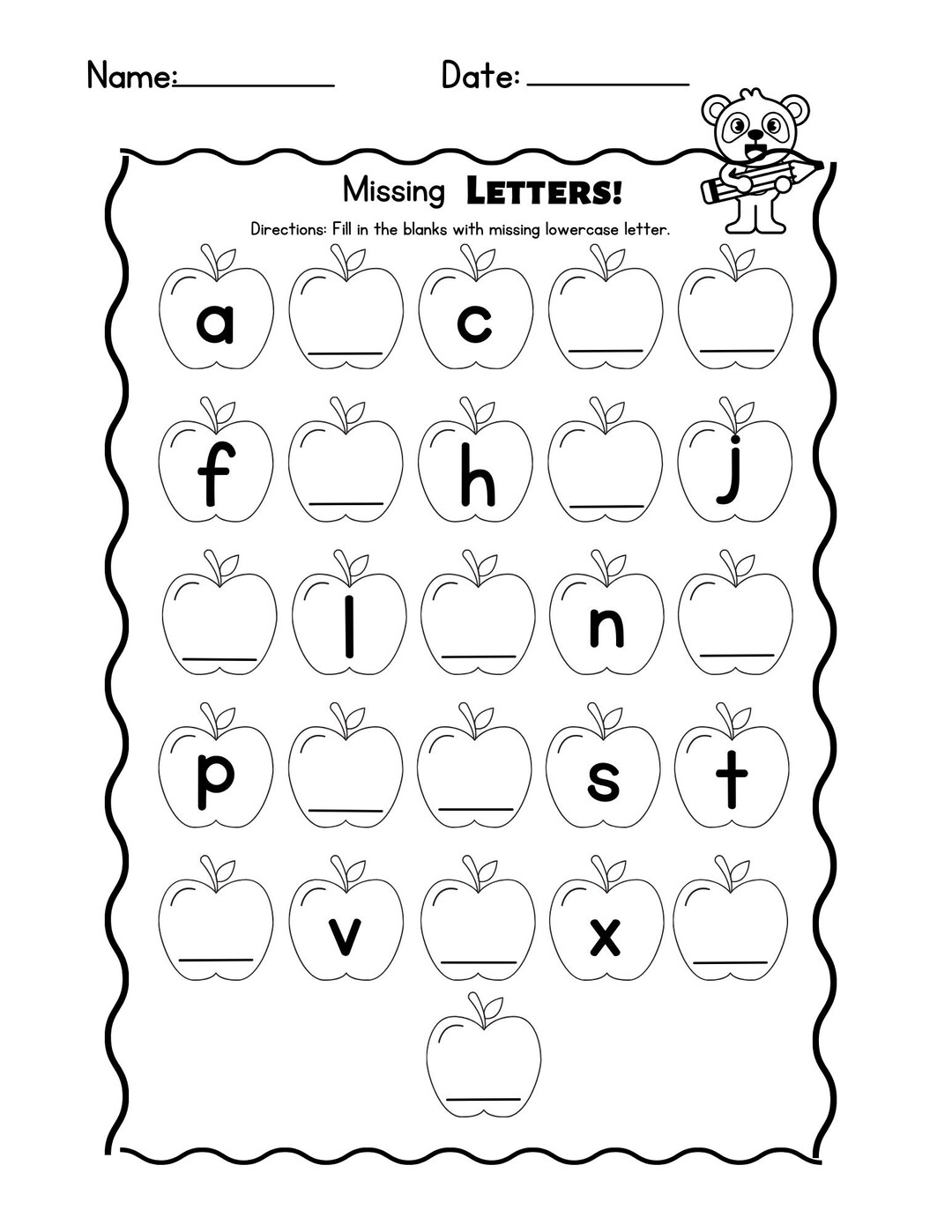 Missing Lowercase Letter Worksheet - Etsy
