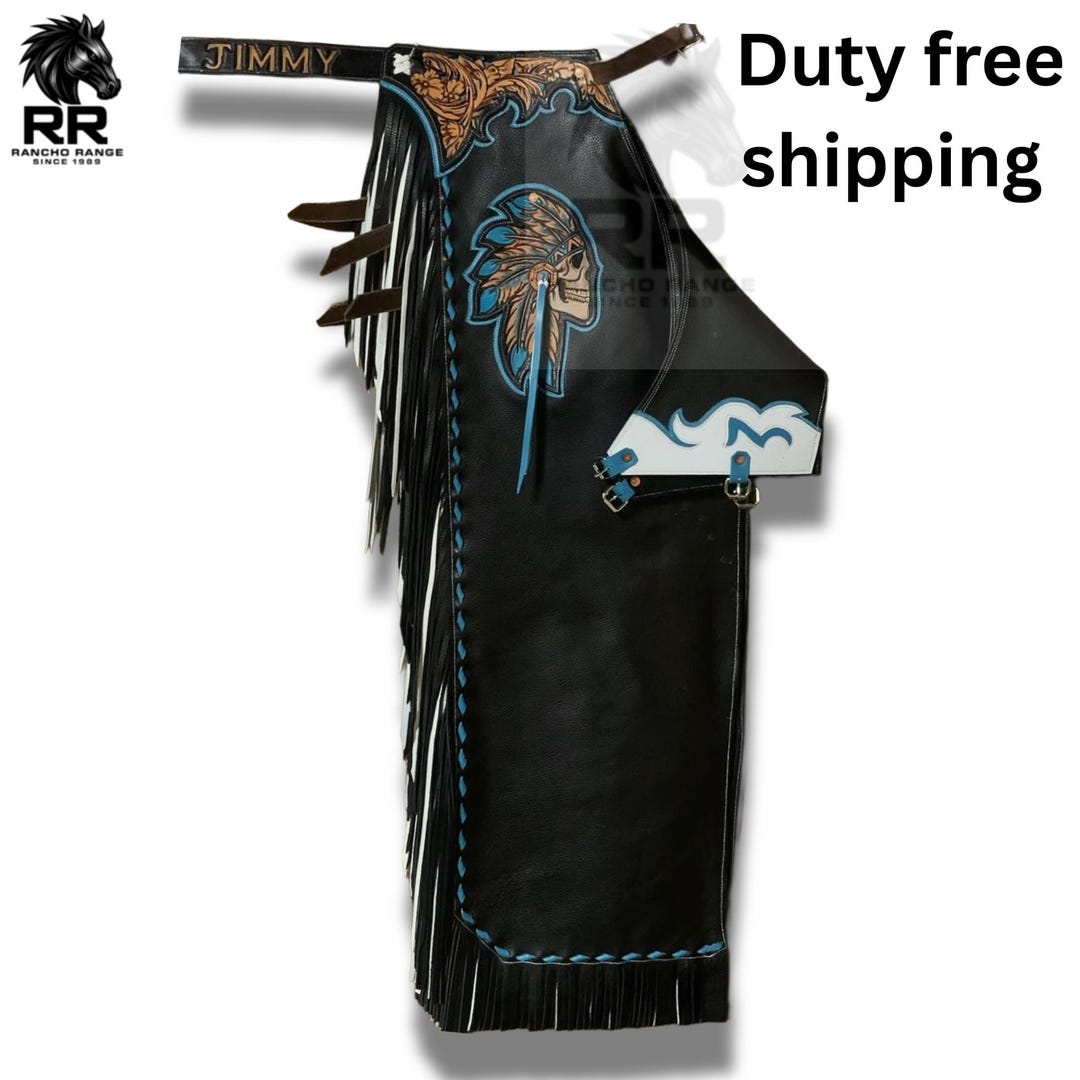 Bull Riding Chaps Western Black Leather Cowhide Multi Design Show Adult ...