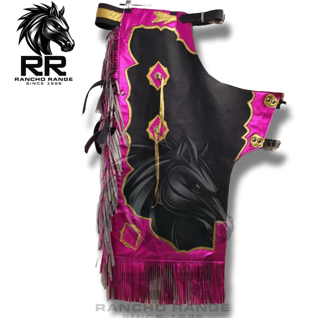 Bull Riding Chaps Western Black Leather Cowhide Pink Design Show Adult ...