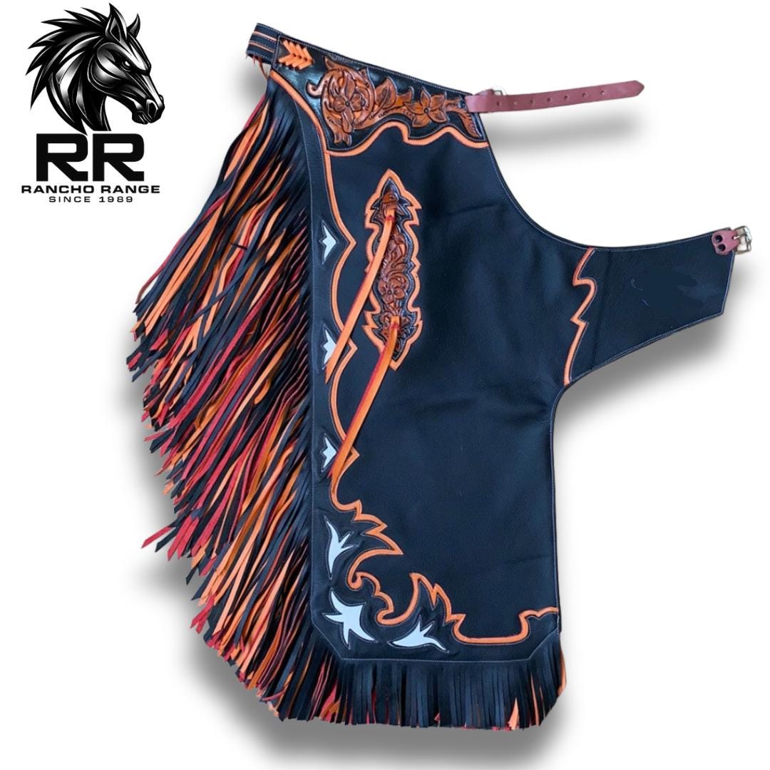 Bull Riding Chaps Western Black Leather Cowhide Multi Design Show Adult ...