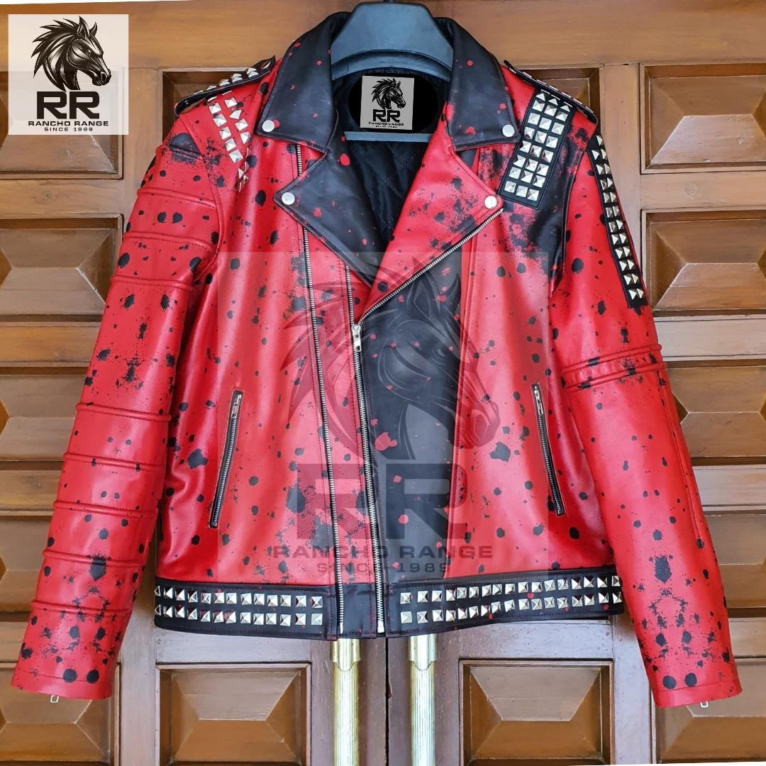 Redish Leather Biker Jacket With Studs & Blood Splatter – Punk Rock ...