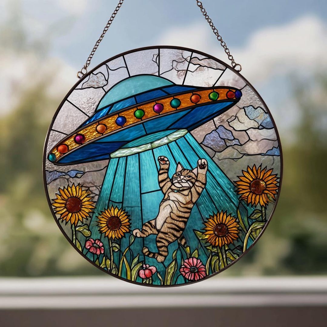 UFO Abduction Tabby Cat Suncatcher, Funny Space Cat Window Art - Etsy