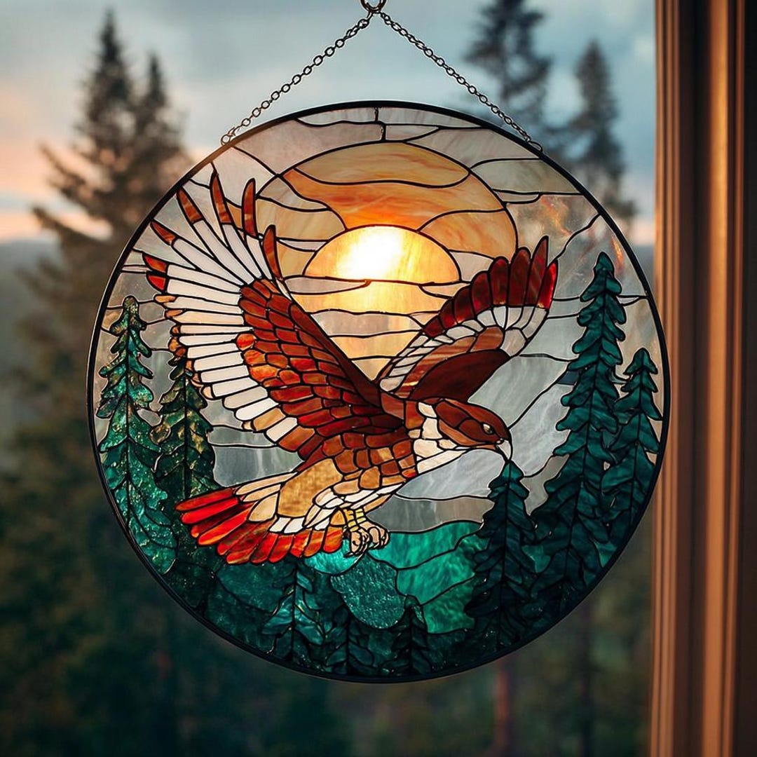 Red Tailed Hawk Stained Glass Suncatcher Window Hanging Bird Lover Gift ...