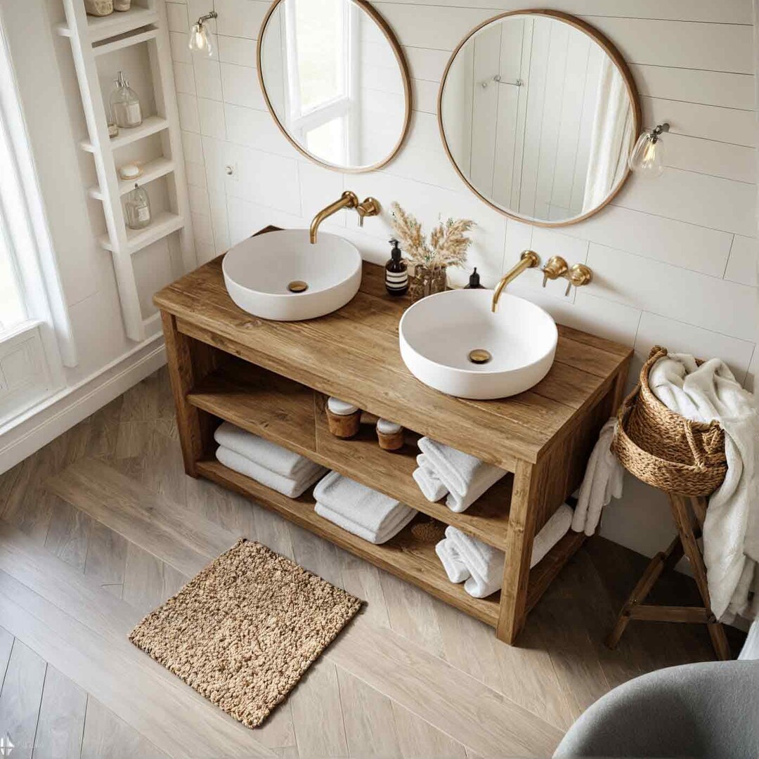 Reclaimed Wood Rustic Bathroom Vanity With Shelf, Handcrafted Chestnut ...