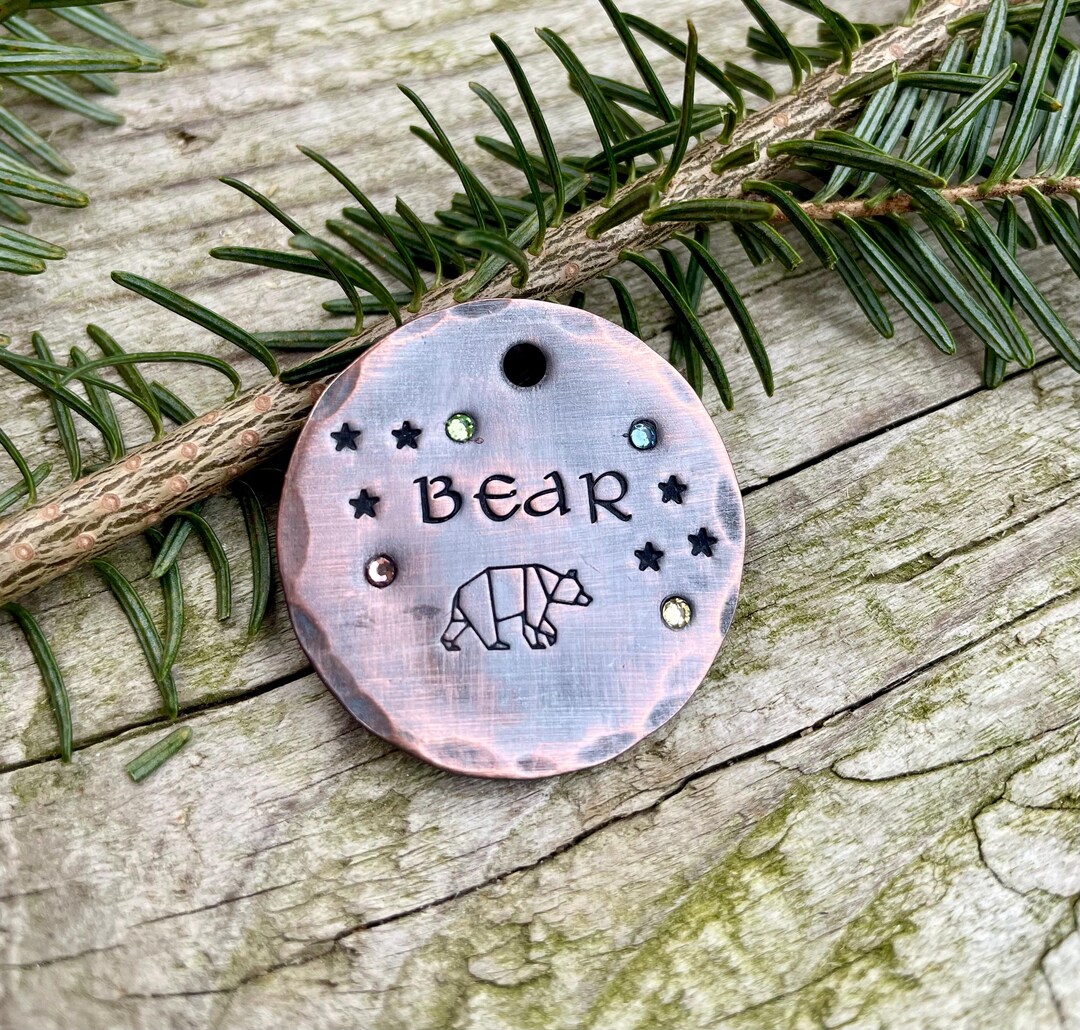Custom Copper Bear Dog Tag With Crystals / Personalized Hammered Large ...