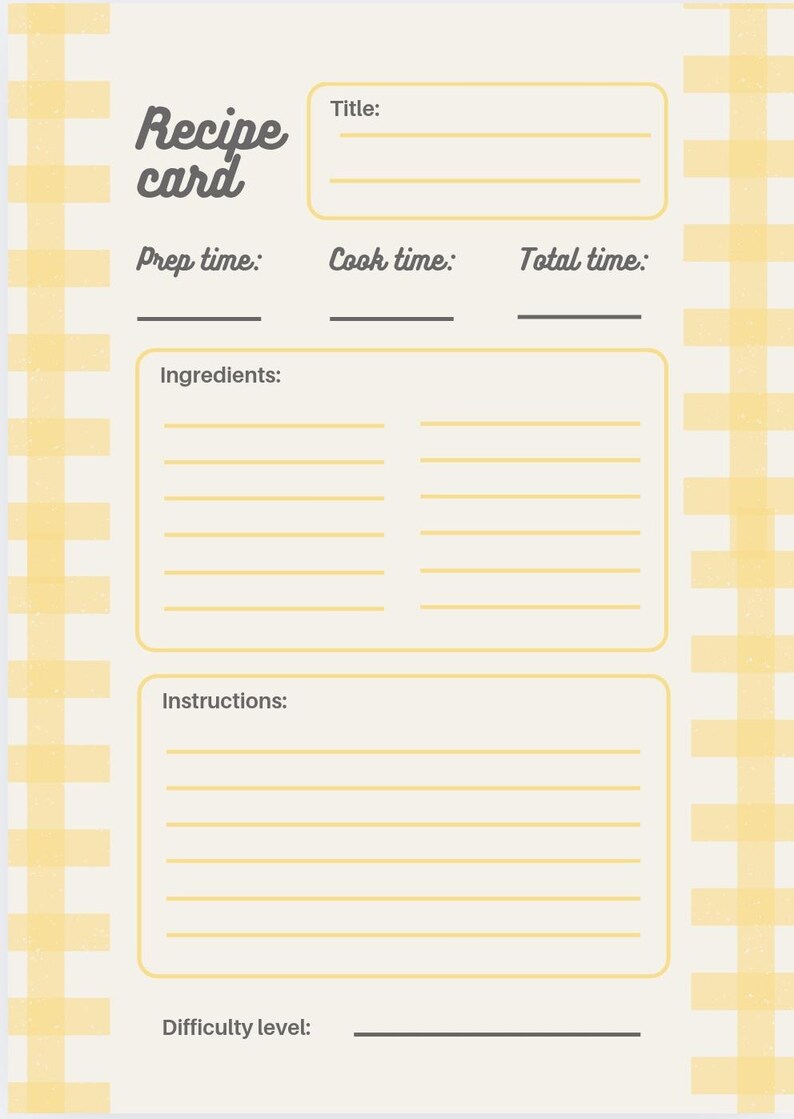 Yellow Gingham Recipe Card Template – Printable Editable Kitchen Card ...