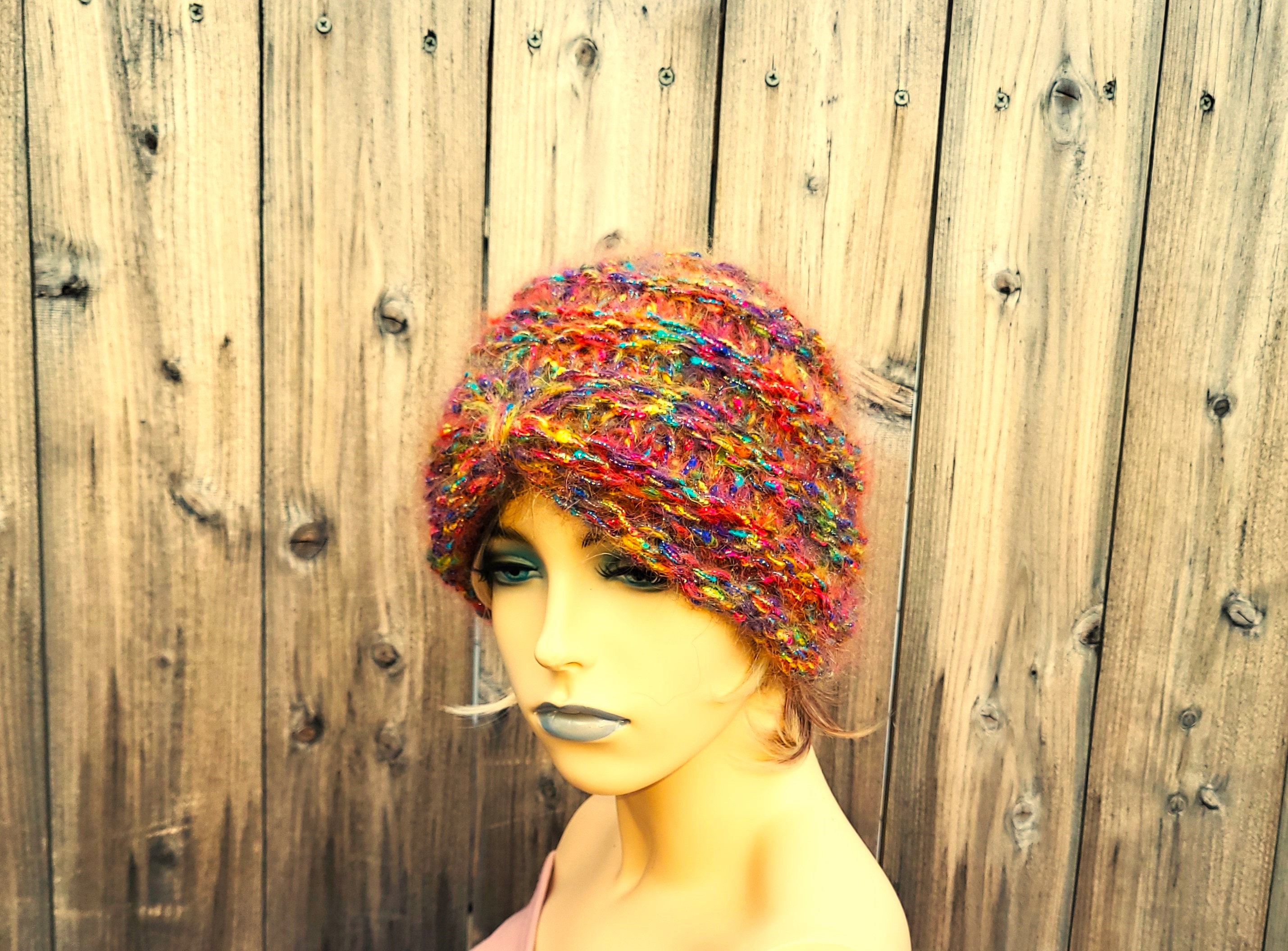 Turban Hat Beanie, Knit, Blue, Rainbow Rainbow, Mohair, Christmas ...