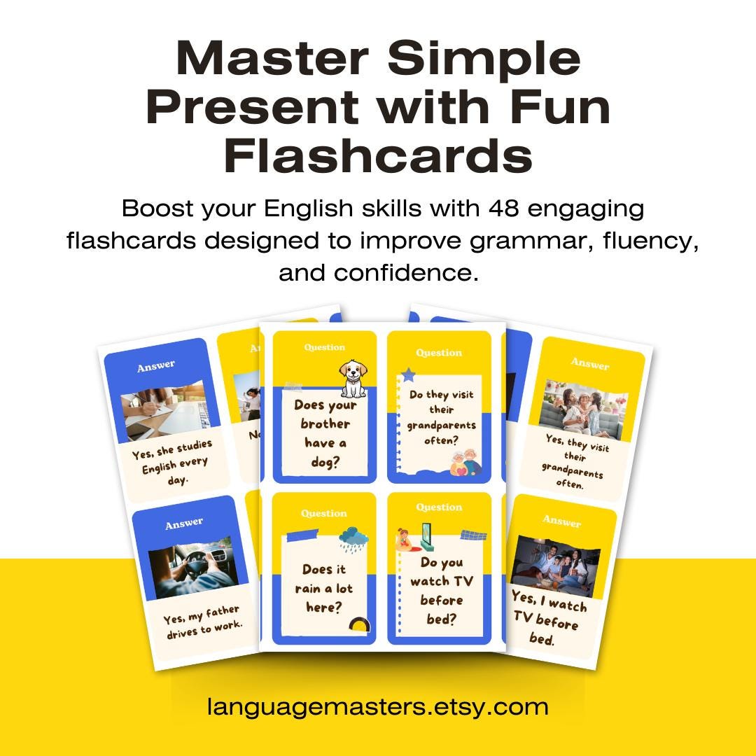 48 Simple Present Flashcards - Etsy