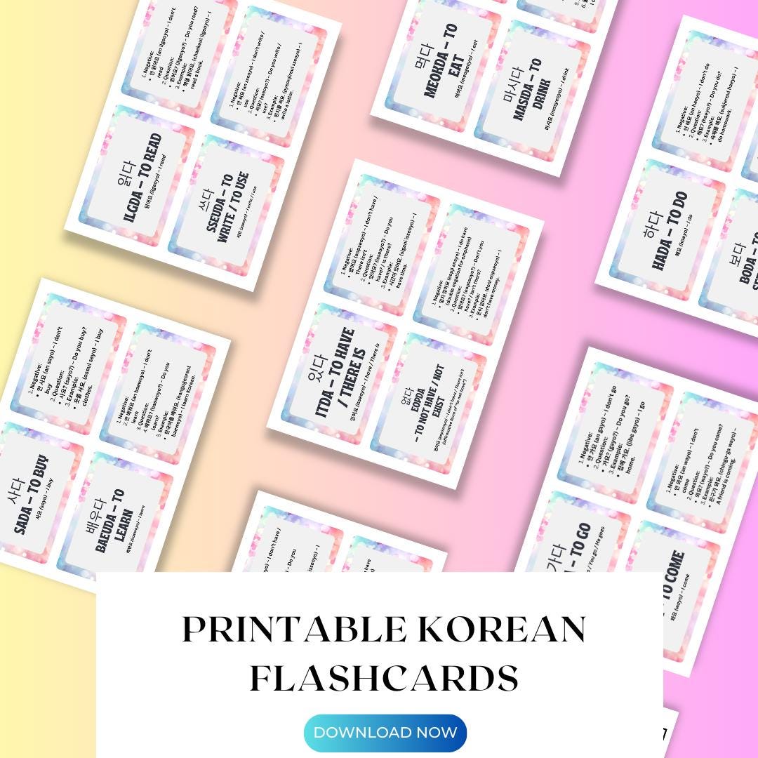 Korean Verb Flashcards | 36 Essential Verbs | Hangul + Romanization ...