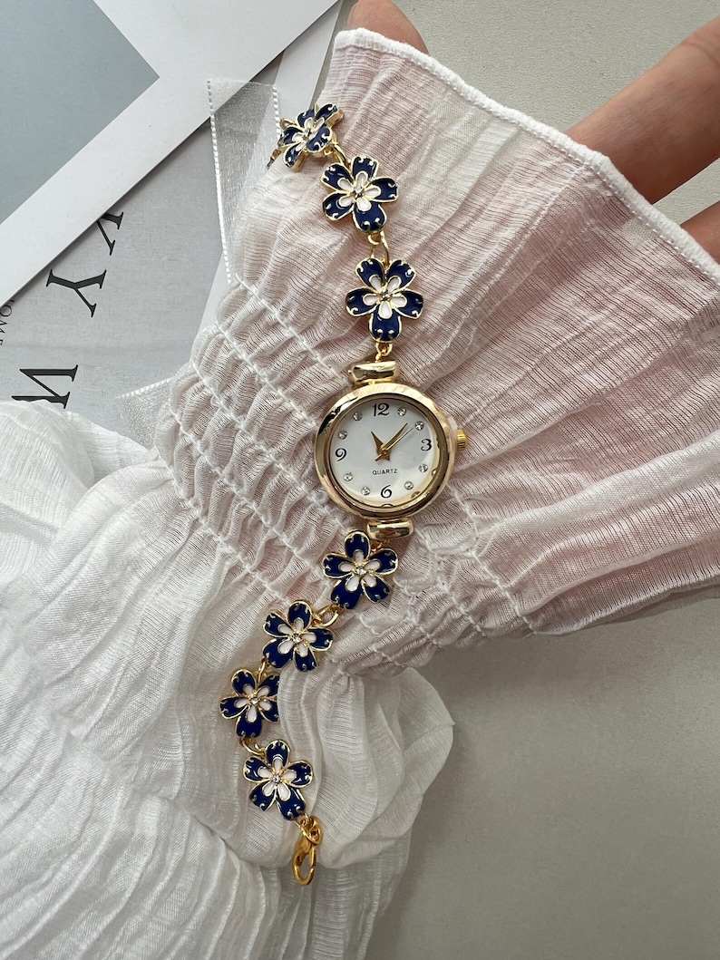 Blue Flower Watch Strap for Women, Elegant Watch Bracelet, Vintage ...