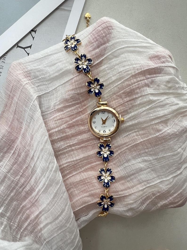 Blue Flower Watch Strap for Women, Elegant Watch Bracelet, Vintage ...