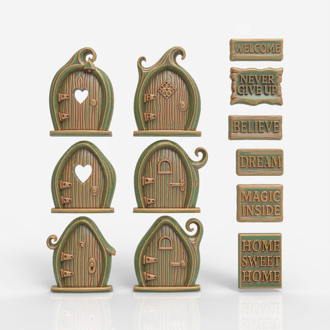Whimsical Fairy Door Set Curved Fantasy Doors With Heart Windows Sign ...