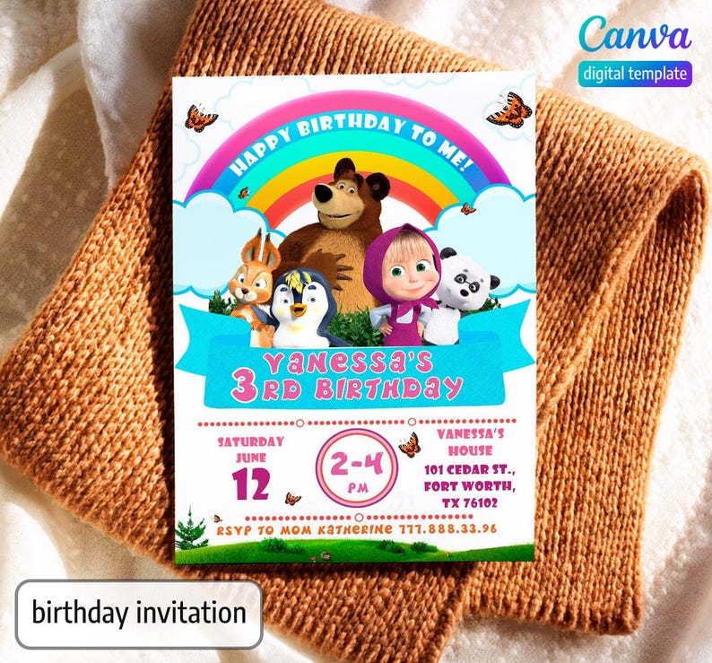 Birthday Invite Girl, Masha and Bear Invite, Editable Masha Invitation ...