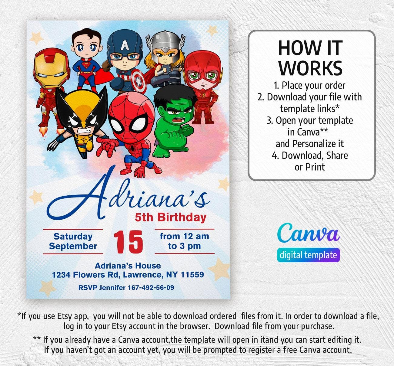 Printable Boy Birthday Invite, Super Hero Editable Party Invitation ...