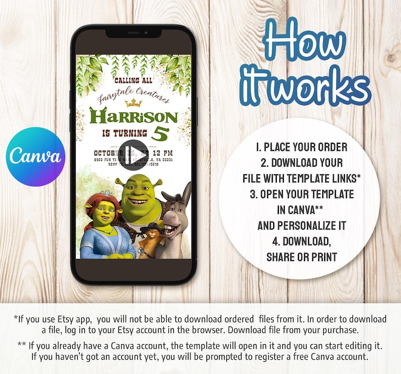Shrek Birthday Invitation, Animated Shrek Invitation, Fiona Party ...