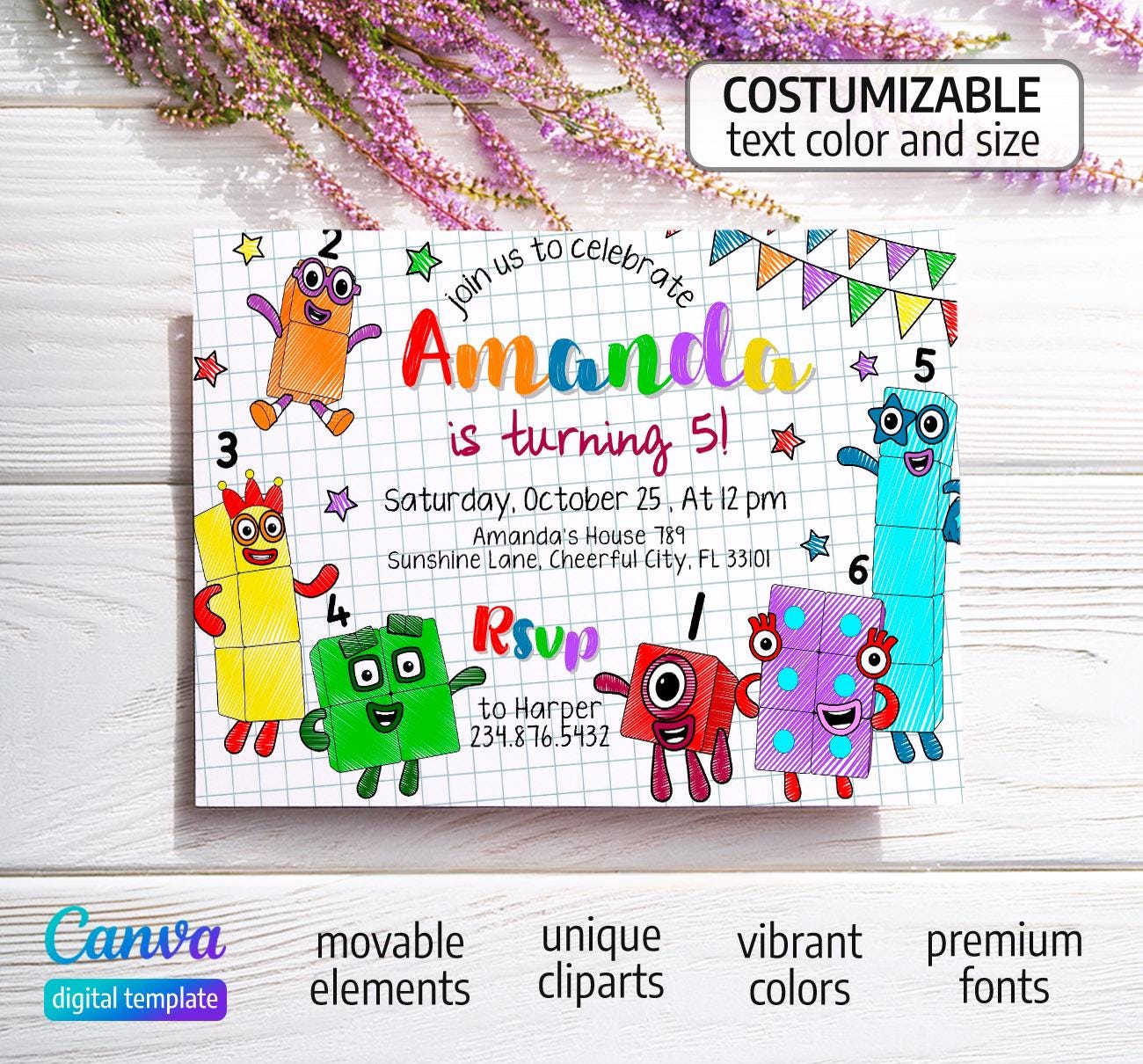 Numberblocks Birthday Invitation, Learn Numbers First Second Party ...