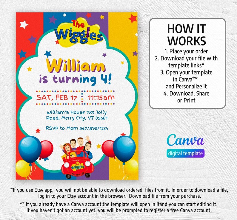 Printable Wiggles Birthday Invite, Wiggle Birthday Invitation, Editable ...