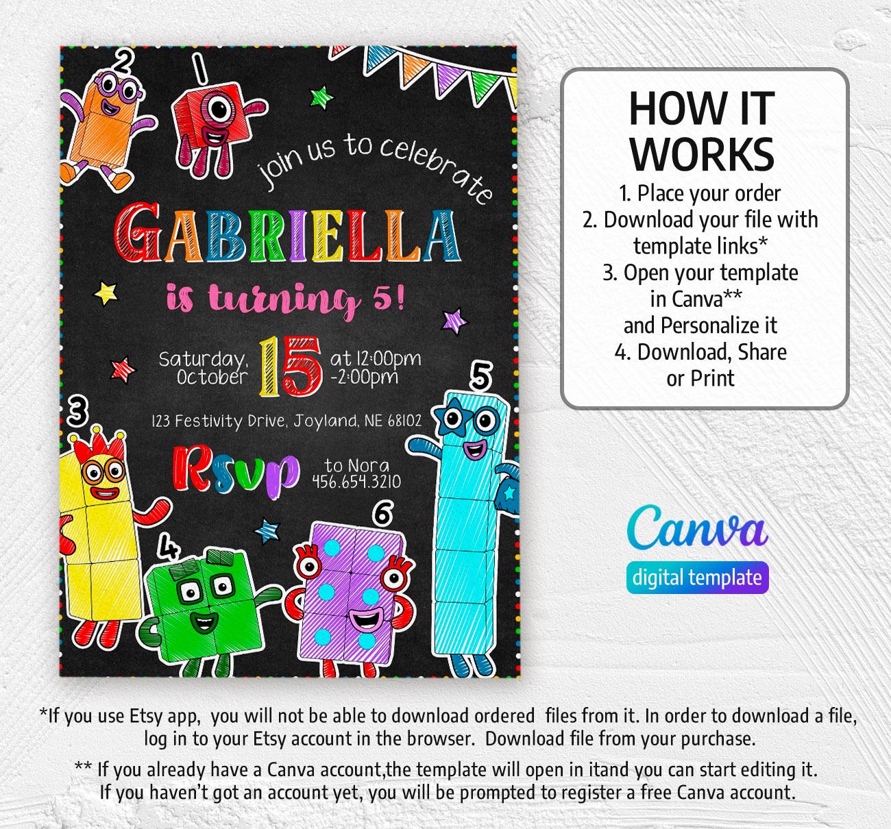 Numberblocks Birthday Invitation, Learn Numbers First Second Party ...
