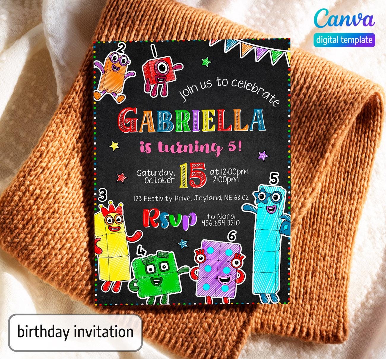 Numberblocks Birthday Invitation, Learn Numbers First Second Party ...