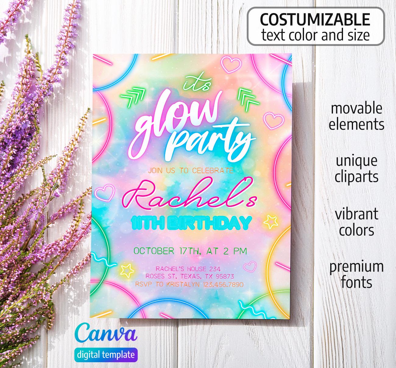 Printable Editable Glow Party Birthday Invitation, Glow Party Template ...