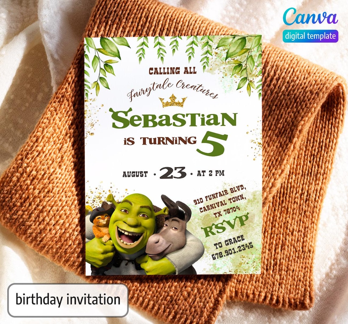 Shrek Birthday Invitation, Boy Girl Birthday, Editable Invitation ...