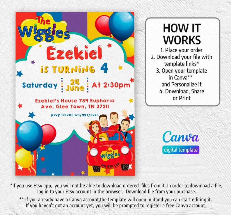 Printable Wiggles Birthday Invite, Editable Music Invitation, Wiggle ...
