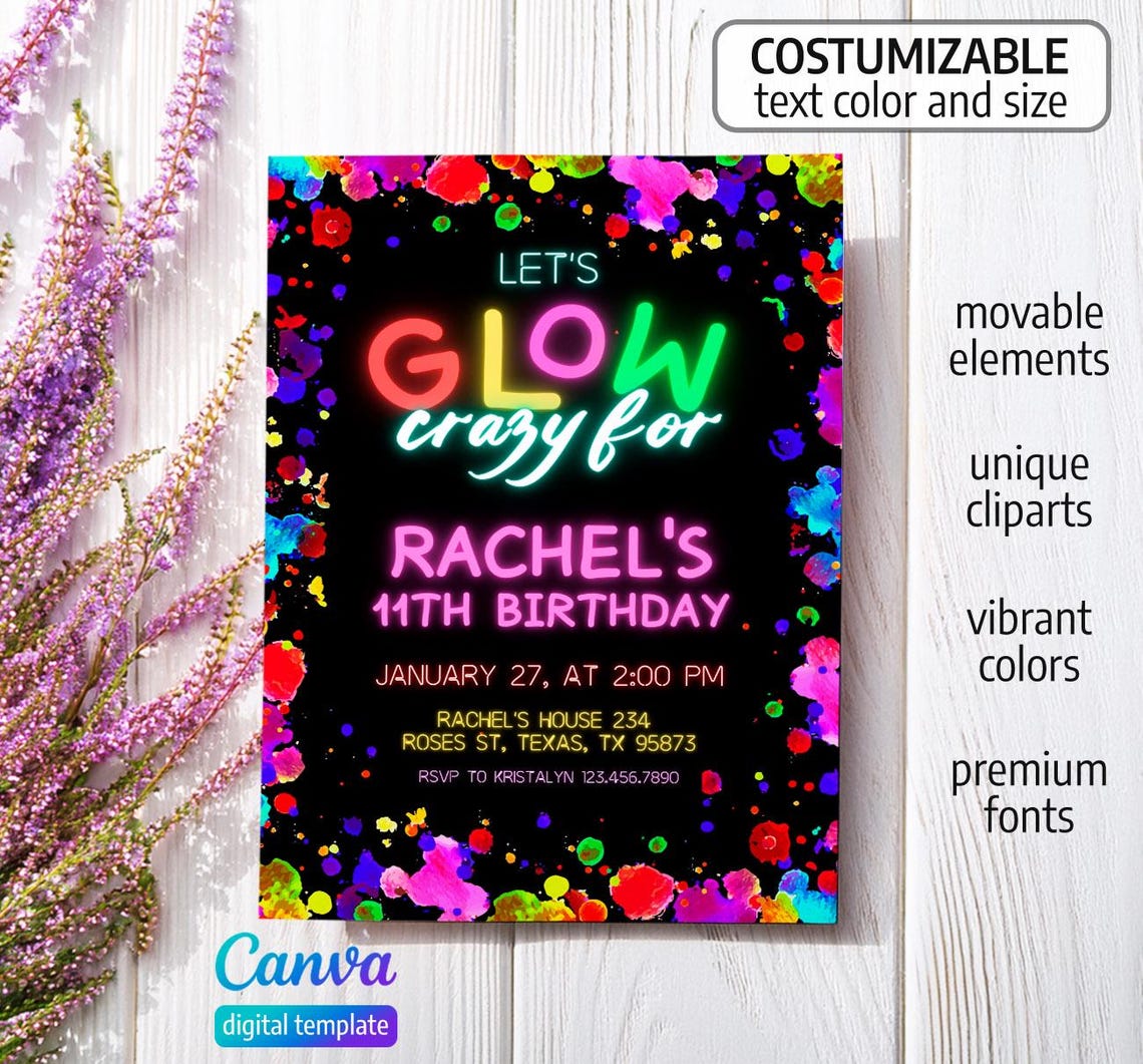 Printable Editable Glow Party Birthday Invitation, Glow Crazy Invite ...