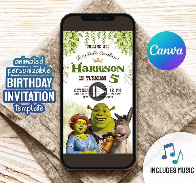 Shrek Birthday Invitation, Animated Shrek Invitation, Fiona Party ...