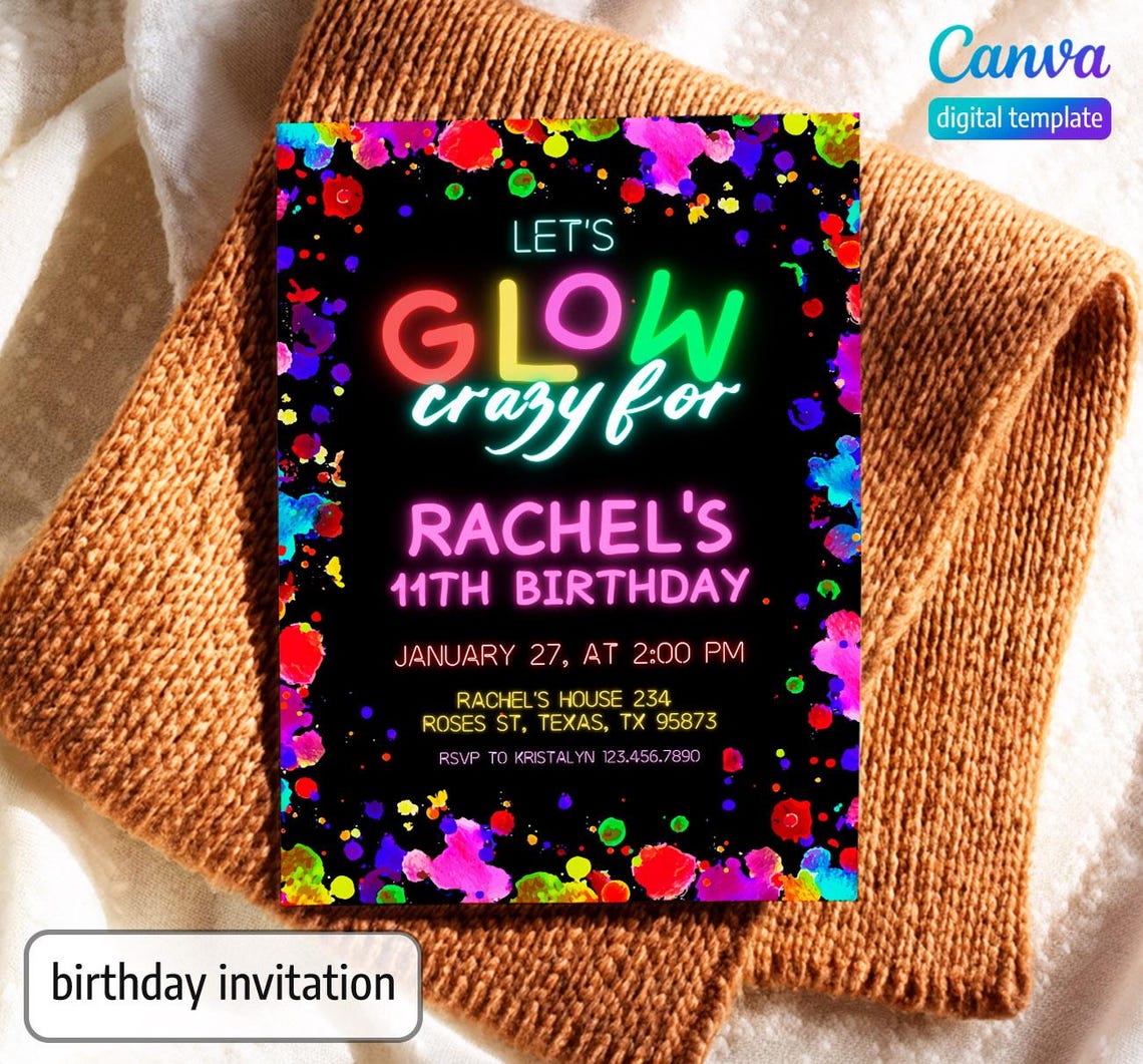 Printable Editable Glow Party Birthday Invitation, Glow Crazy Invite ...