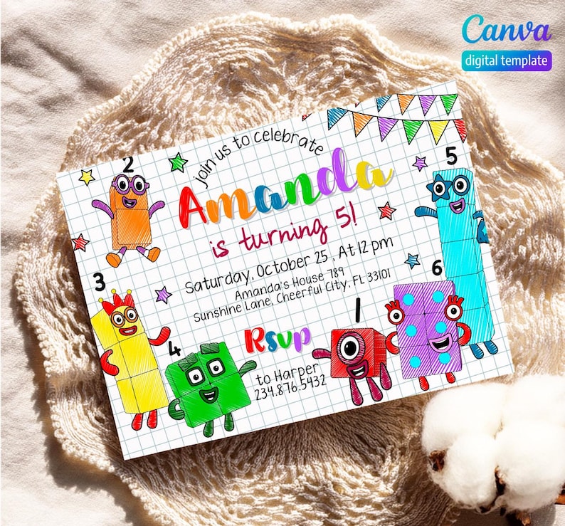 Numberblocks Birthday Invitation, Learn Numbers First Second Party ...