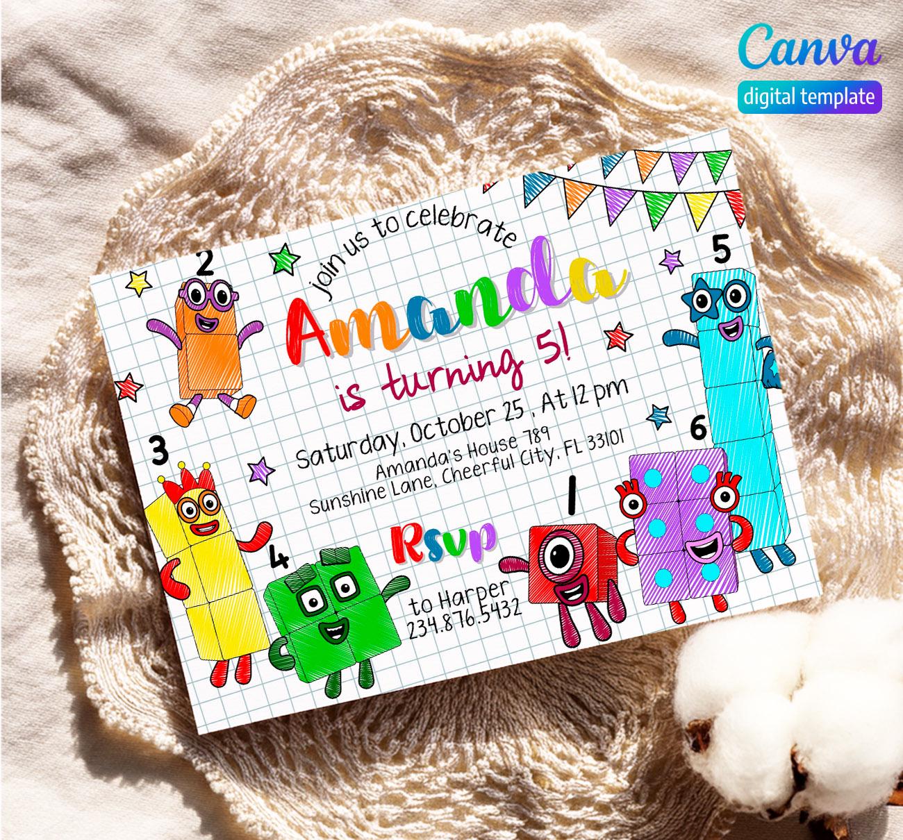 Numberblocks Birthday Invitation, Learn Numbers First Second Party ...