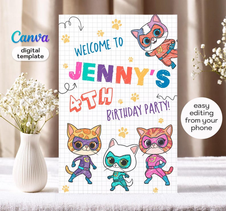 Superkitties Welcome Sign Template, Printable Birthday Party Super ...