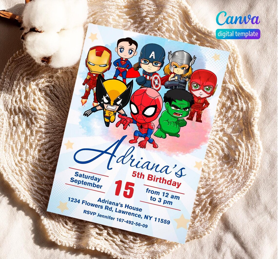 Printable Boy Birthday Invite, Super Hero Editable Party Invitation ...