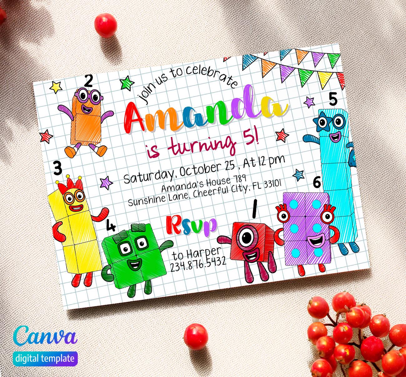 Numberblocks Birthday Invitation, Learn Numbers First Second Party ...