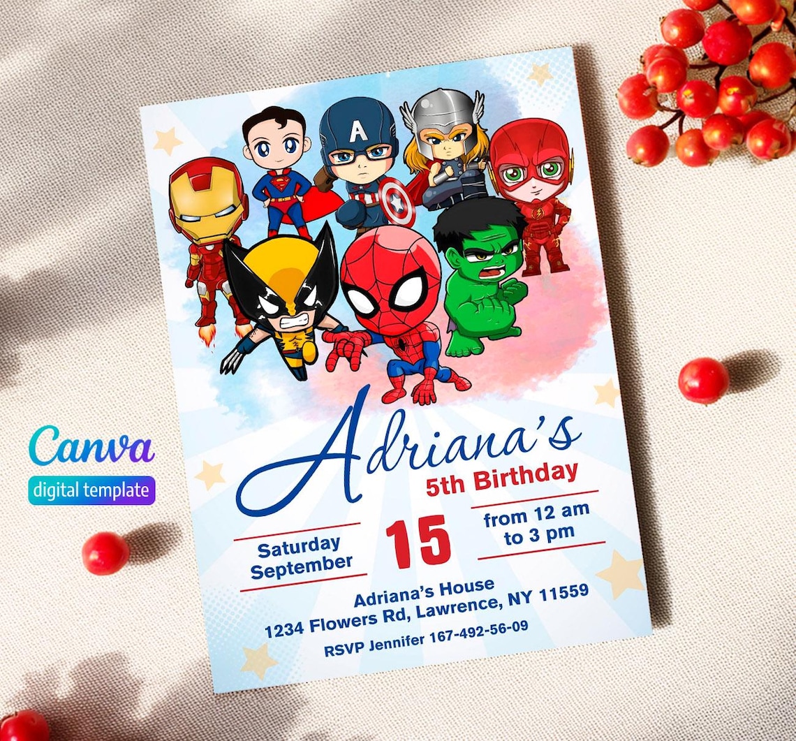 Printable Boy Birthday Invite, Super Hero Editable Party Invitation ...