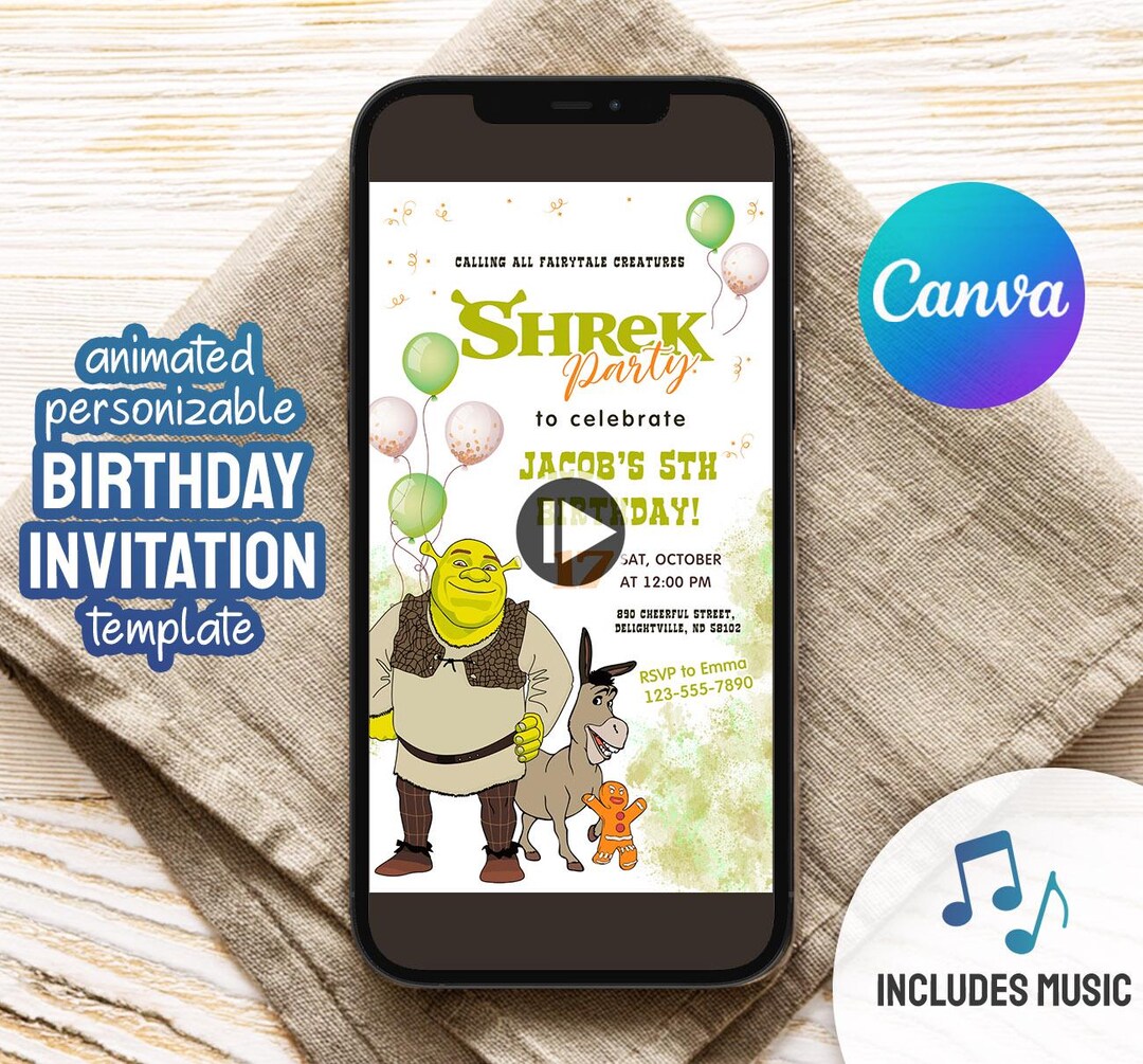 Shrek Birthday Invitation, Animated Shrek Invitation, Fiona Party ...