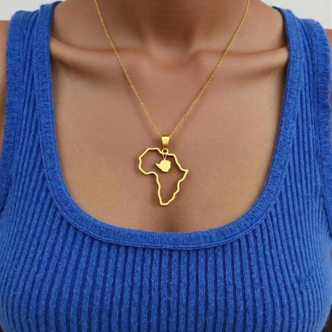Africa Map Outline Charm With Small Zimbabwe Charm Necklace - Zimbabwe ...