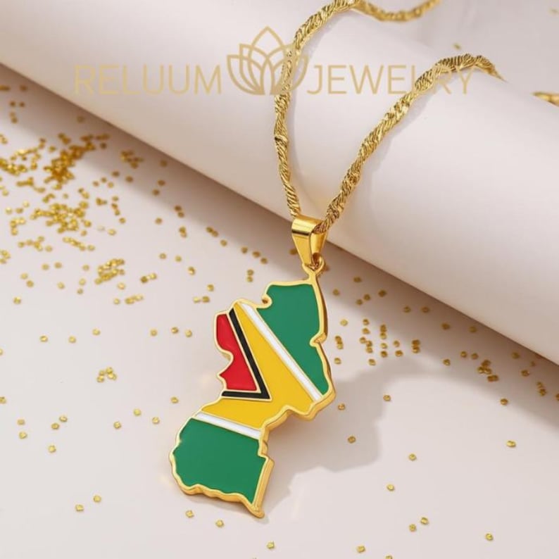 Guyana Map Outline Charm Necklace - Flag of Guyana Pendant Necklace ...