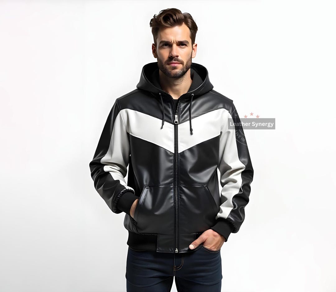 Handmade Black and White Leather Jacket With Hood | Black and White ...