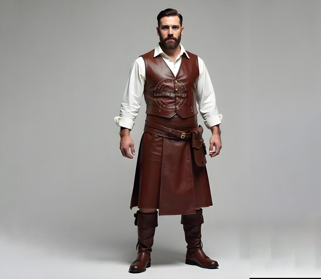 Genuine Brown Leather Bar Vest & Gladiator Kilt for Men – Handmade Real ...