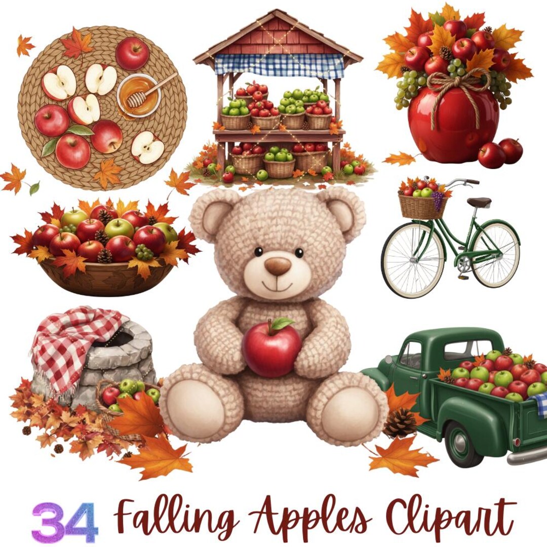 Watercolor Apple Orchard Clipart: Cottagecore Autumn Pngs (commercial ...