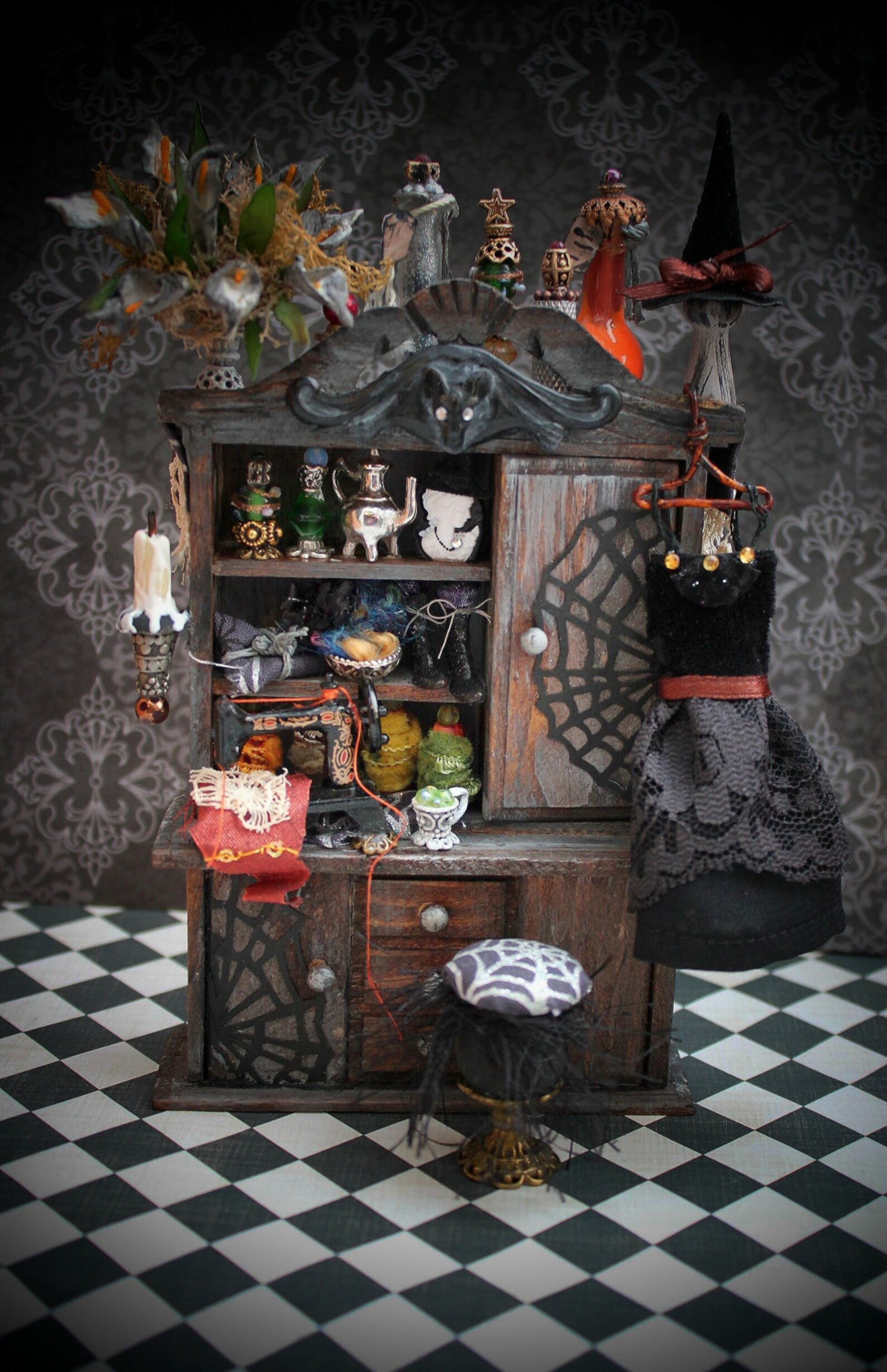Dollhouse Miniature Witch Sewing Cabinet And Stool 1 12 Scale Etsy