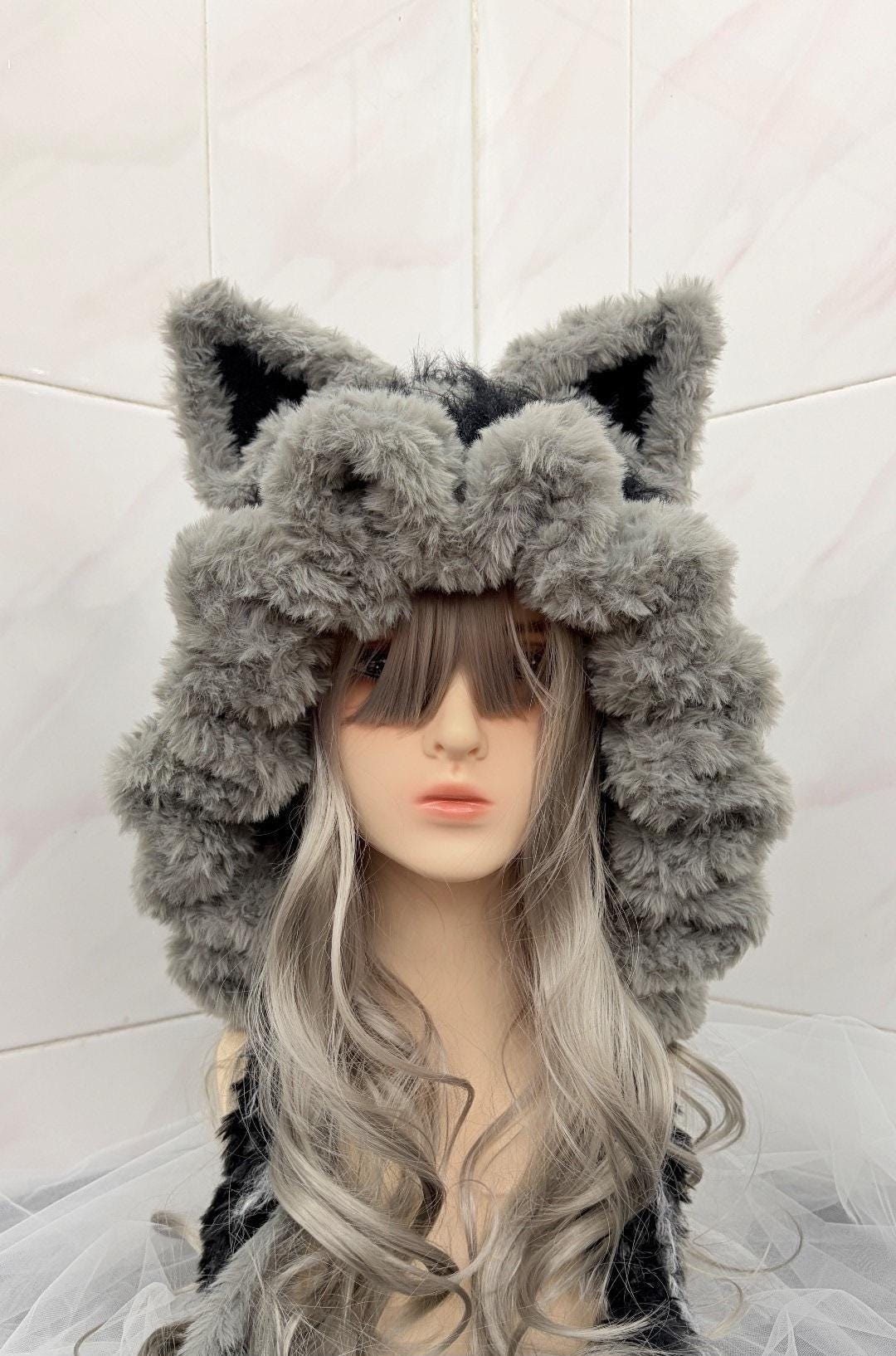 Fox Ears Hood - Plush Faux Fur Gray & Black Adjustable Winter Accessory ...