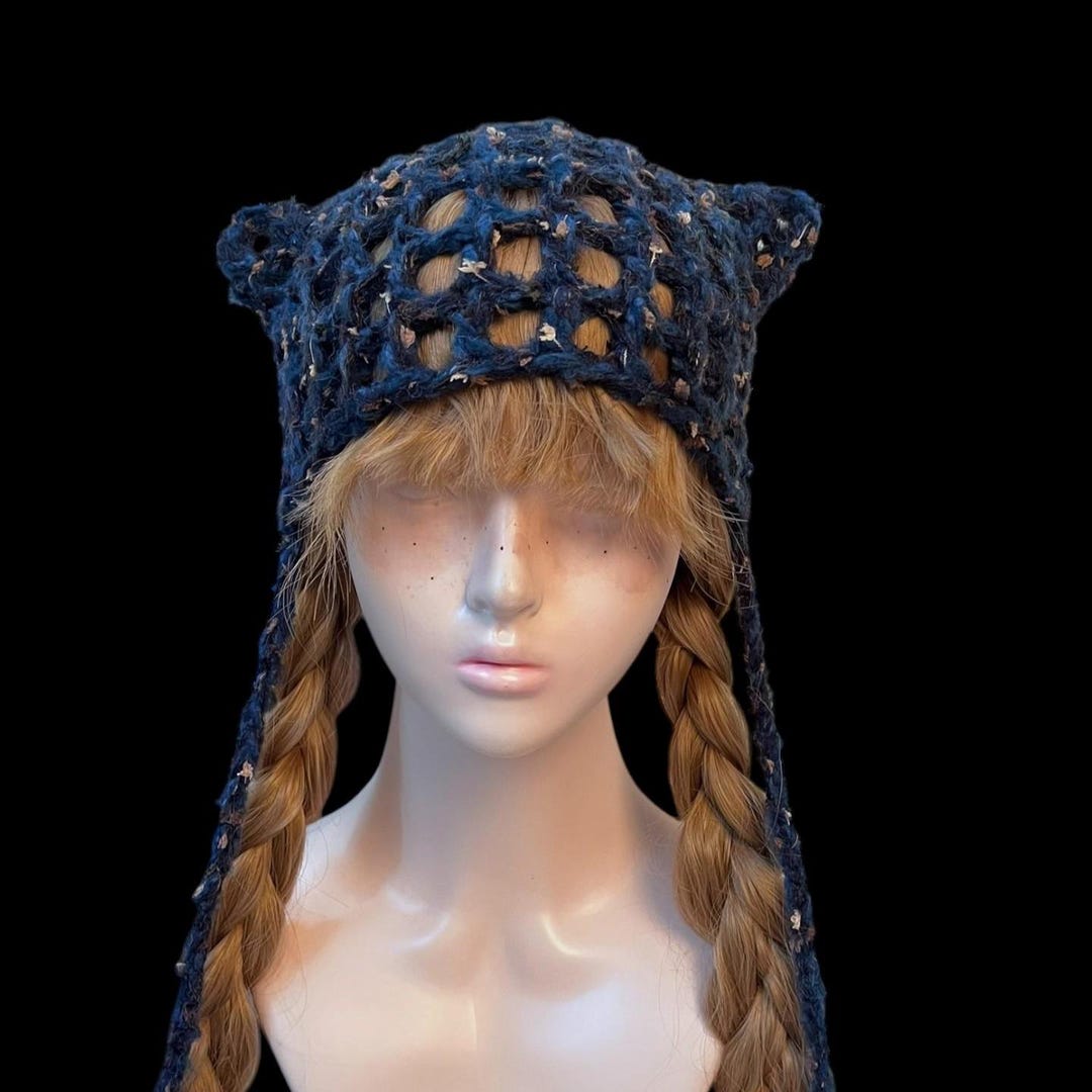 Crochet Cat Ear Hat - Deep Blue Handmade JK Fashion Accessory - Etsy