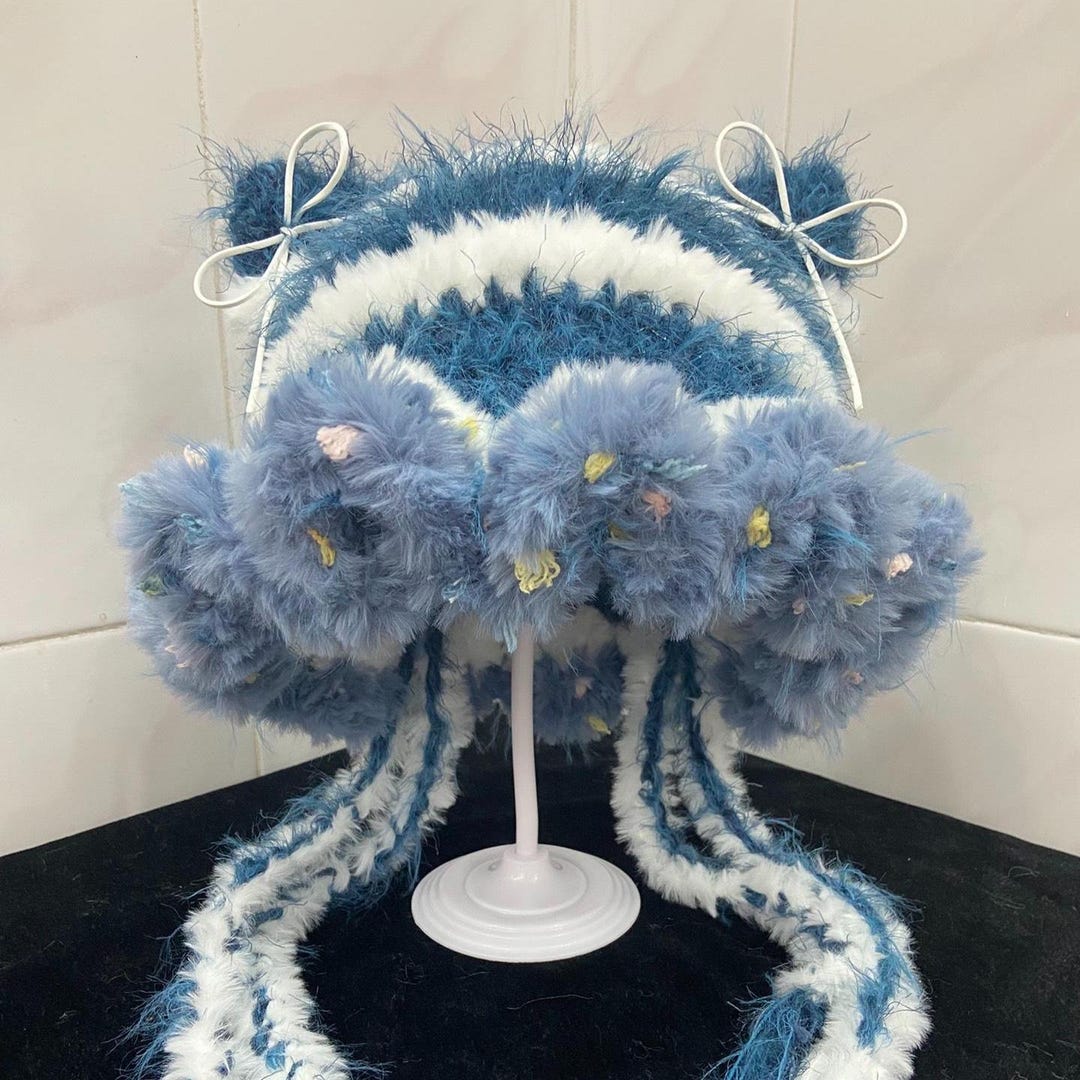 Blue Cat Ear Jellyfish Beanie | Handmade Winter Hat - Etsy